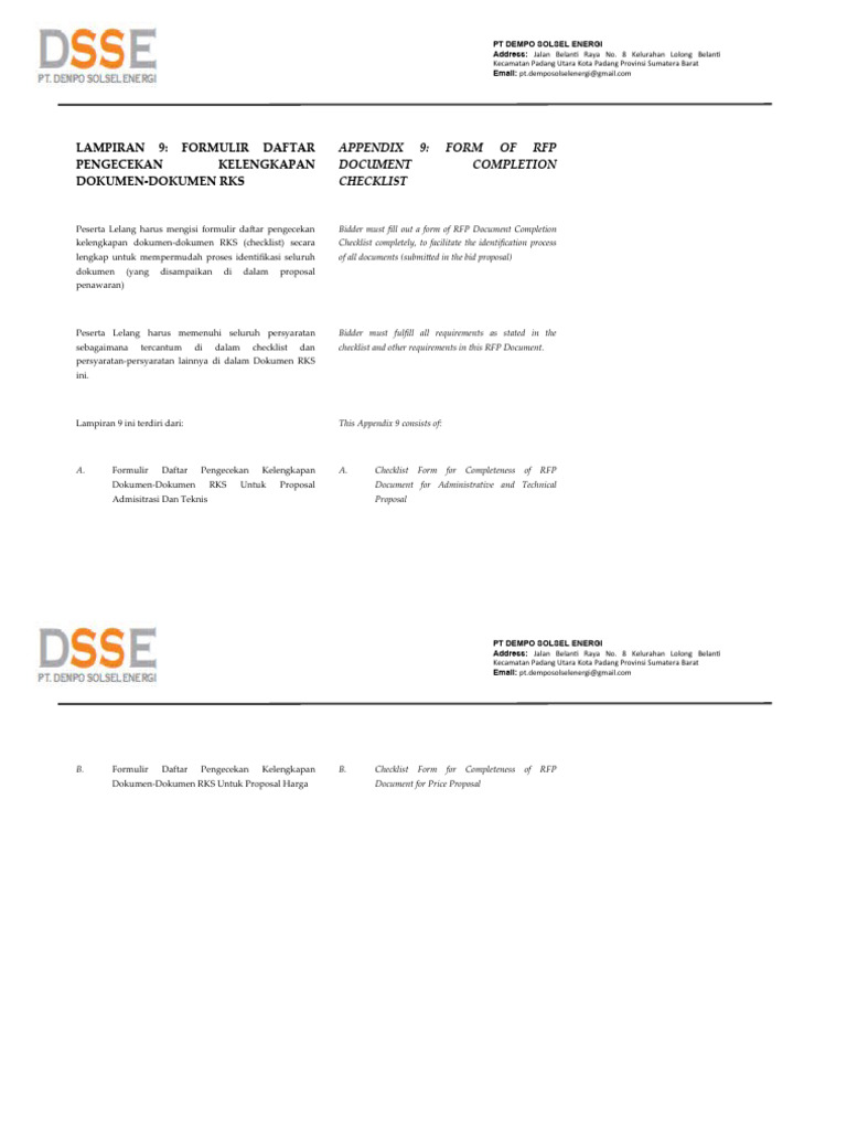 DSSE - Appendix 9 FORM OF RFP DOCUMENT COMPLETION CHECKLIST FOR ...