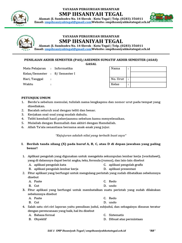Soal Informatika Kelas 8 Semester 1 Tahun 23-24 | PDF