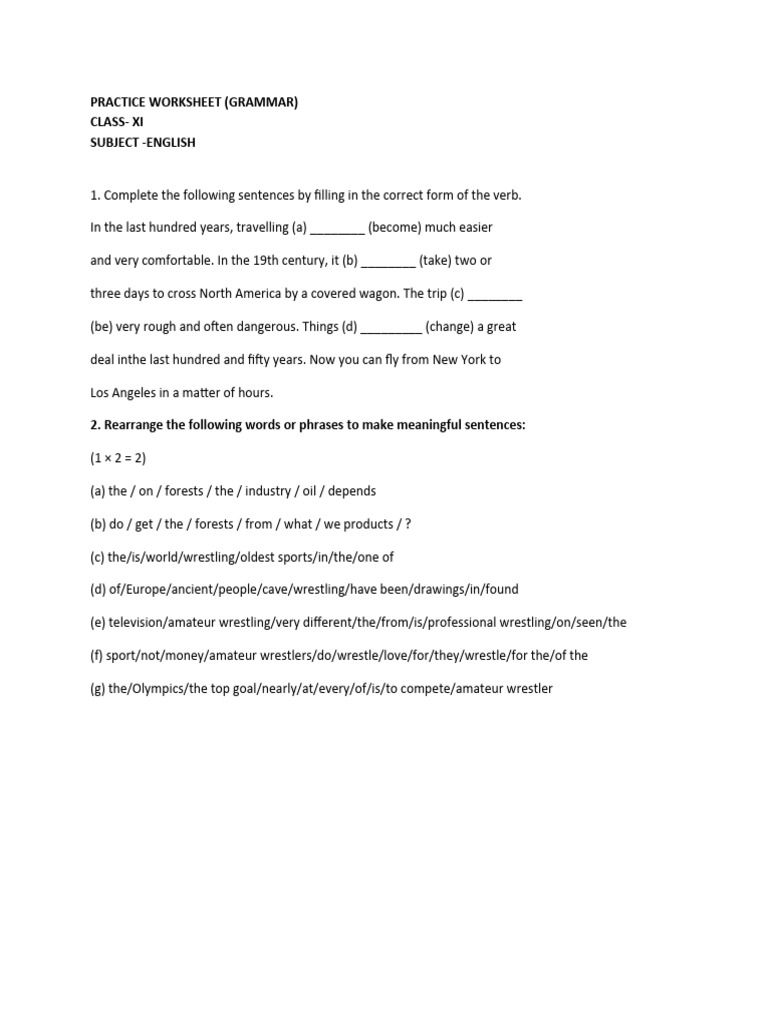 Class Xi Practice Worksheetgrammar | PDF