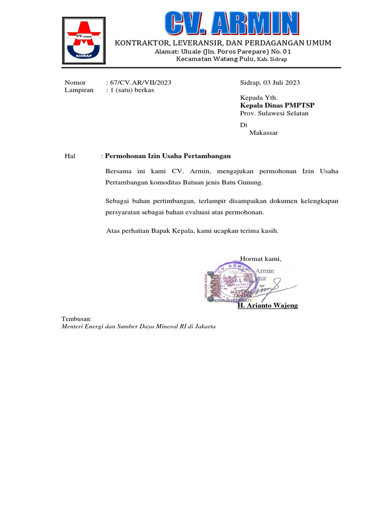 Surat Permohonan Iup Eksplorasi Cv Armin Pdf