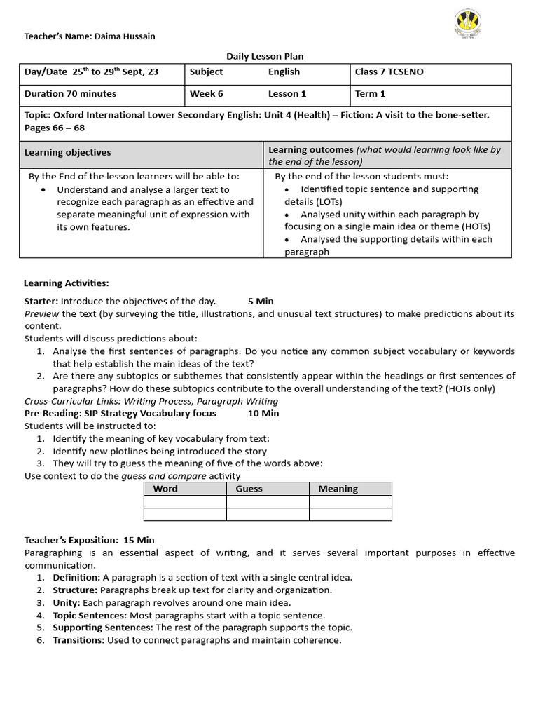 English G7 Week 6 2023-24 Daima Hussain | PDF | Lesson Plan | Learning
