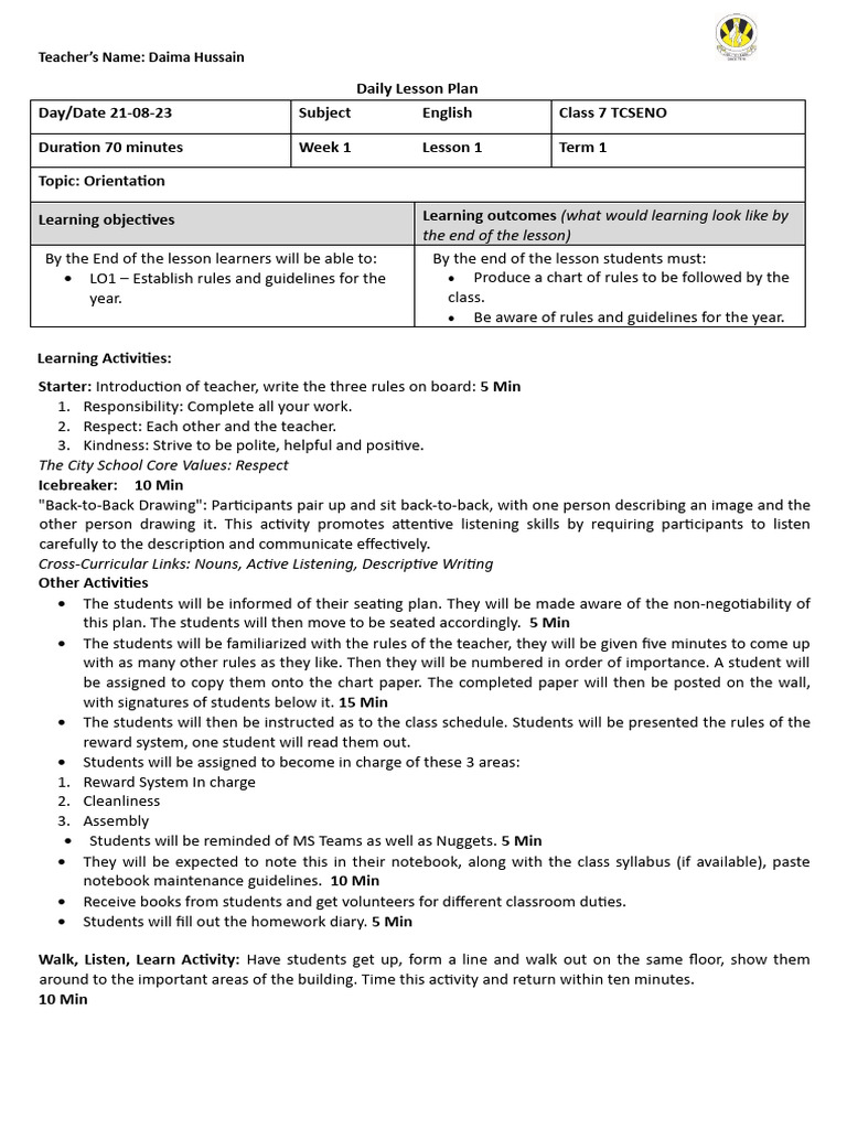 English G7 Week 1 2023-24 Daima Hussain | PDF | Lesson Plan | Learning