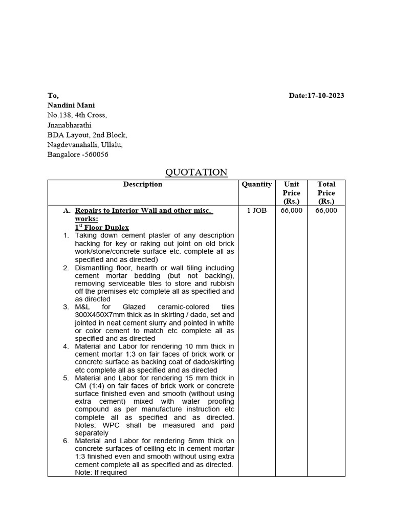 Nandini Quotation | PDF | Structural Engineering | Architectural Design