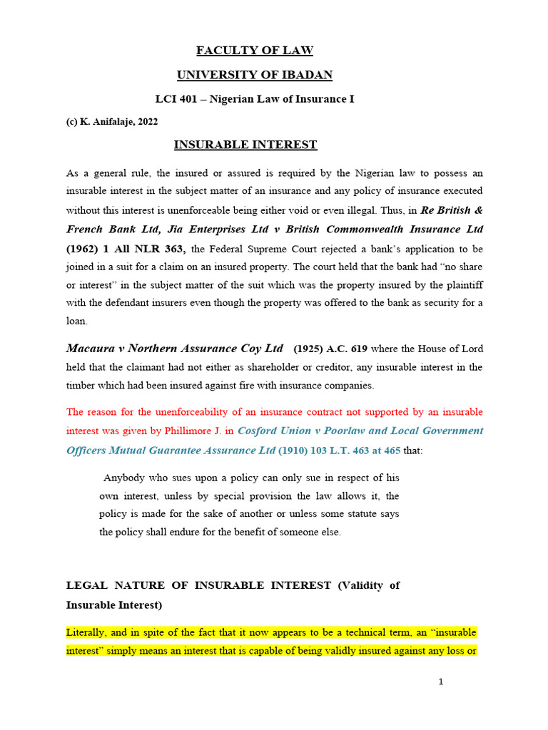 Insurance - Insurable Interest - Class Note-1 | PDF | Insurance | Life ...