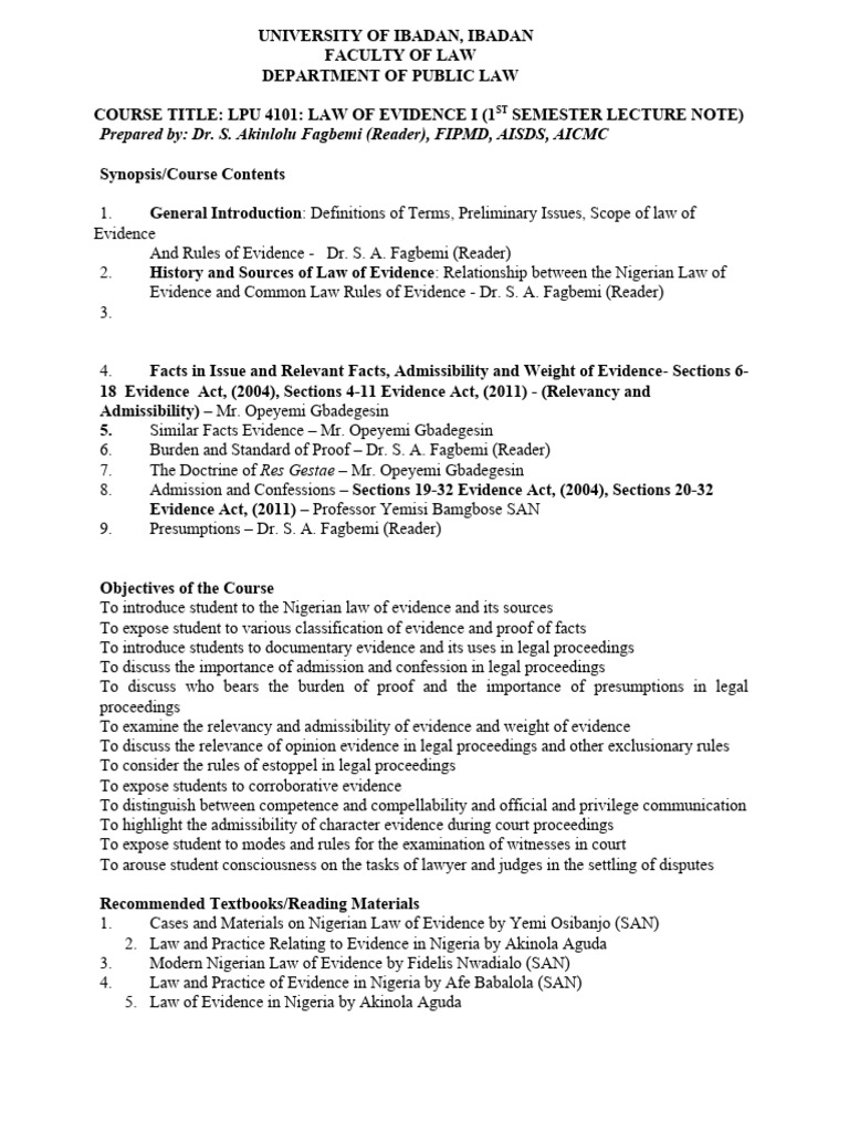 Dr. Fagbemi NOTES ON LAW OF EVIDENCE UI 2021-2022 FIRST SEMESTER ...