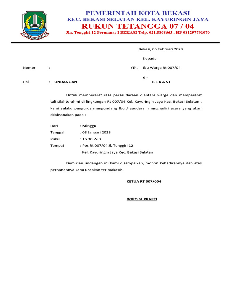 UNdangan Rapat Persiapan RT | PDF