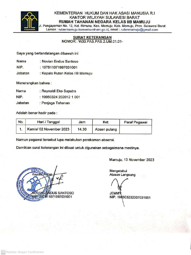 Suket Lupa Absen Reynaldi November 2023 | PDF
