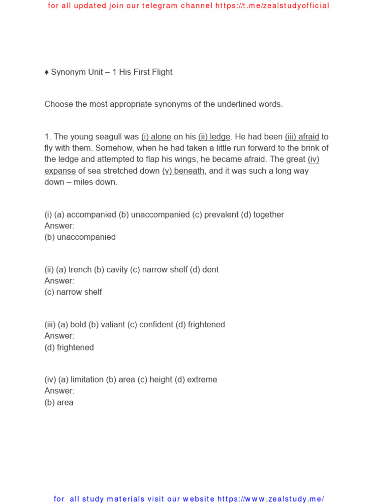 Zeal Study 10th English Synonym Unit 1 - 7 | PDF