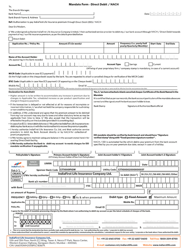NACH Mandate Authorization Form | PDF | Insurance | Debit Card