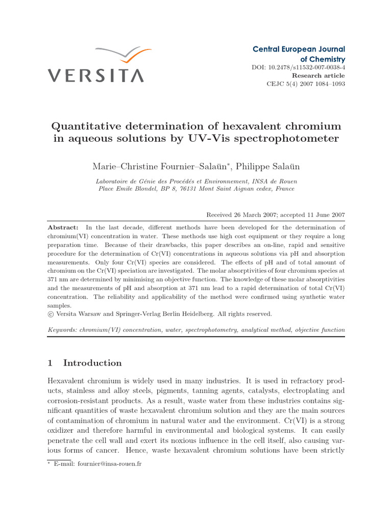 Quantitative Determination of Hexavalent Chromium in Aqueous Solutions by UV-Vis ...