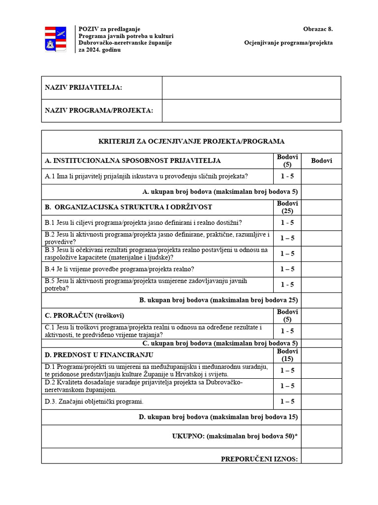 Obrazac 8. Ocjenjivanje Projekta Programa 2024 | PDF