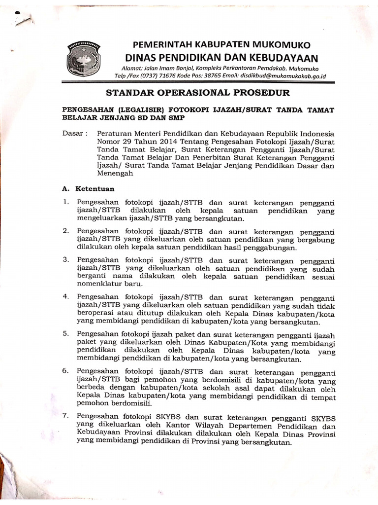 SOP Pengesahan Legalisir Fotokopi Ijazah Atau STTB Jenjang SD Dan SMP 1 | PDF