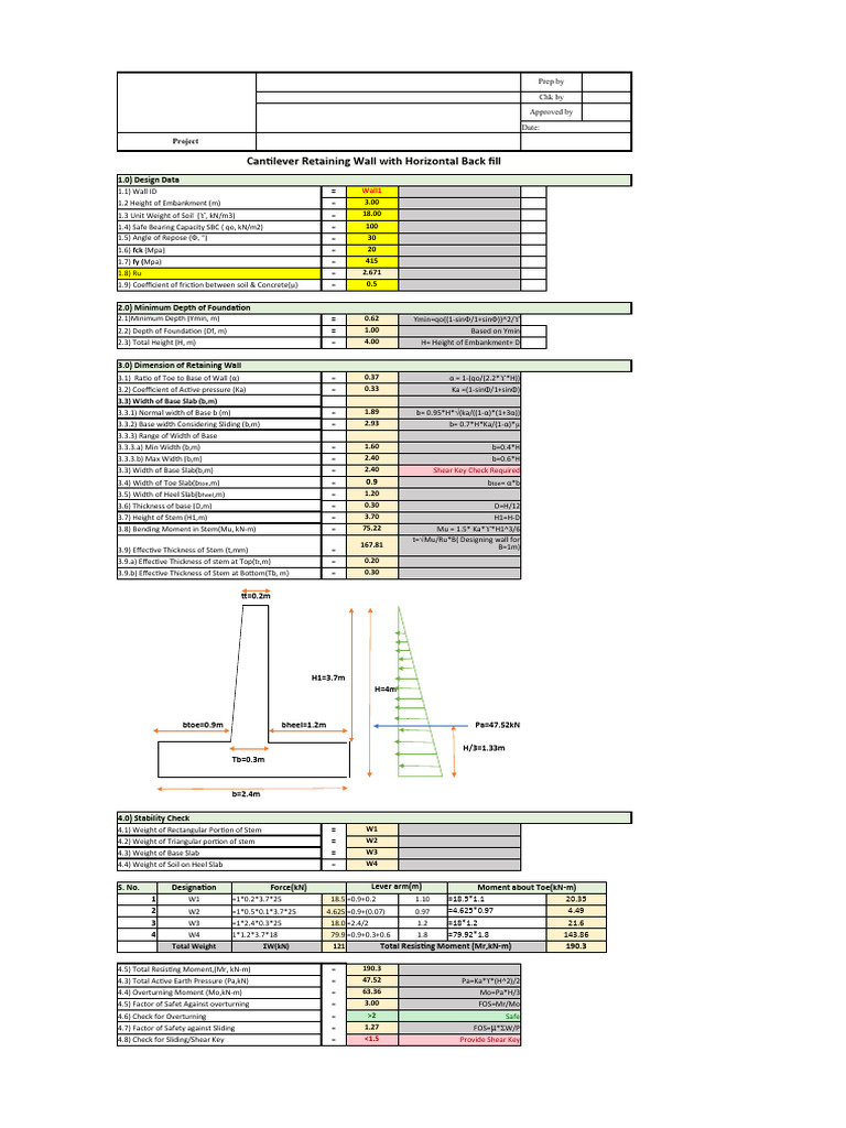 Retaining Wall Spreadsheet | PDF | Solid Mechanics | Geotechnical Engineering
