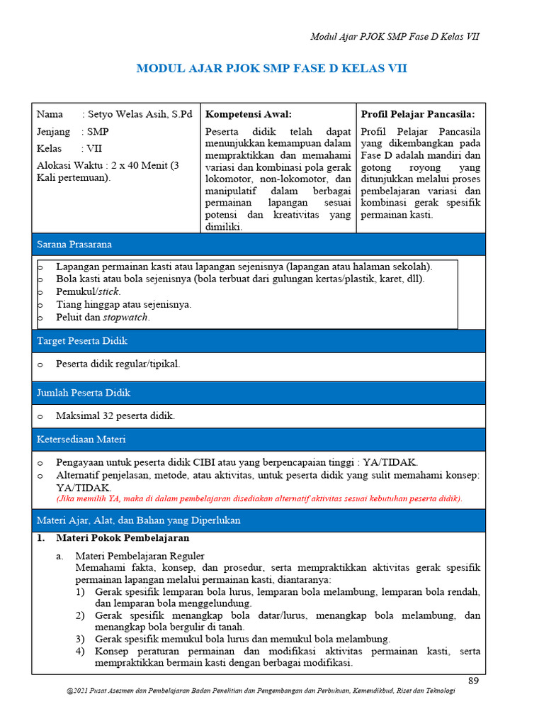 03 Modul Ajar Permainan Kasti - 27!07!2021 | PDF