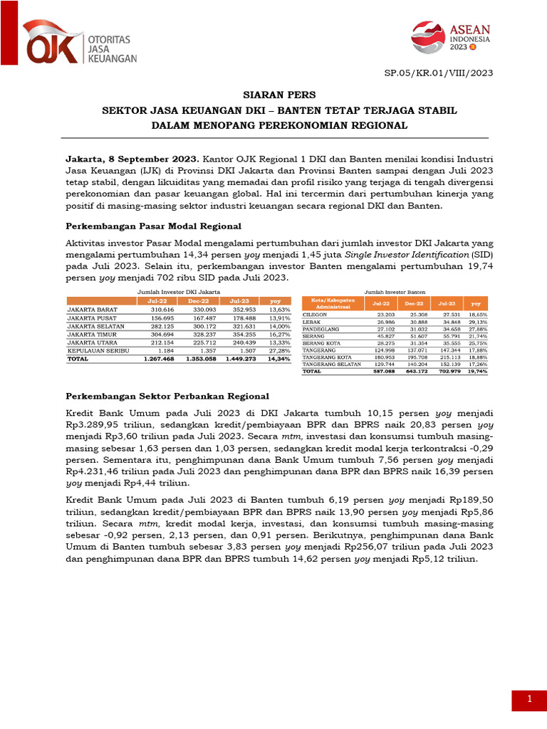 KR01 - Siaran Pers Data Juli 2023 | PDF | Bisnis | Pengelolaan Keuangan & Uang