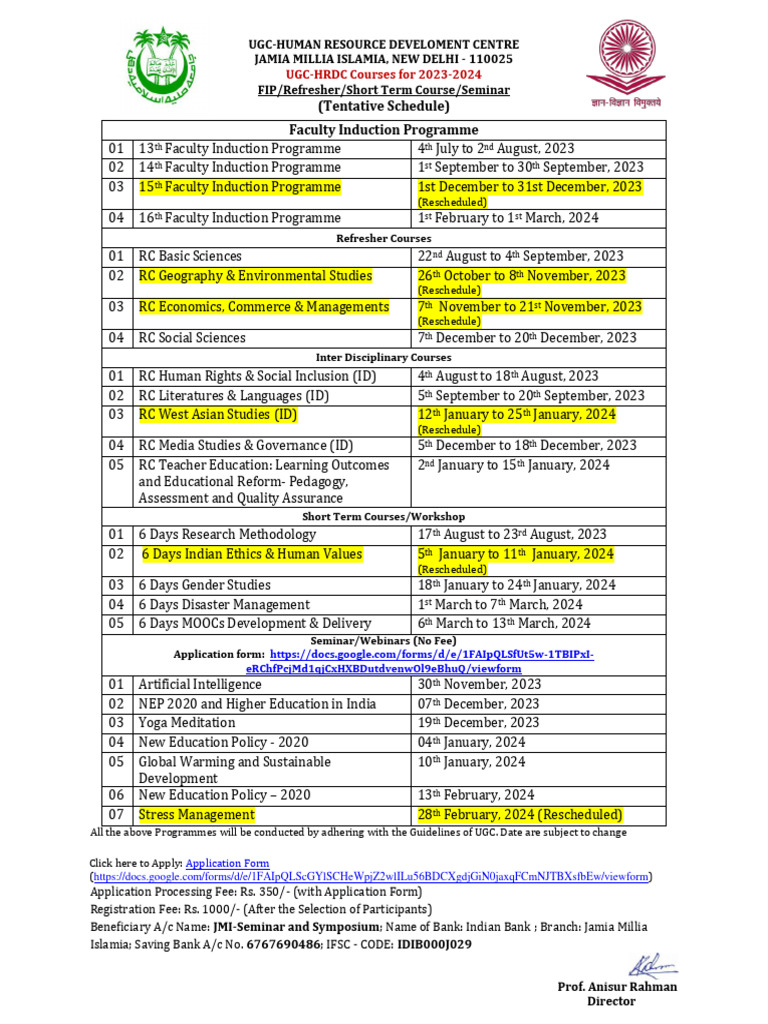 Ugc HRDC Schedule 2023-24 | PDF