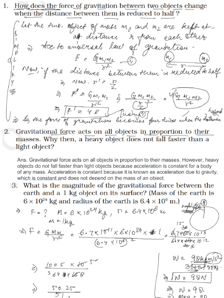 Class 9th - Numericals Gravitation + Mass and Weight | PDF