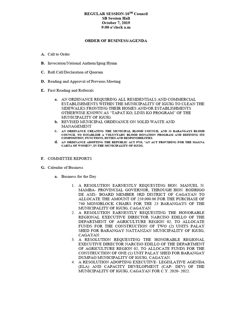 Sample Agenda For Sangguniang Bayan Regular Session | PDF | Justice ...