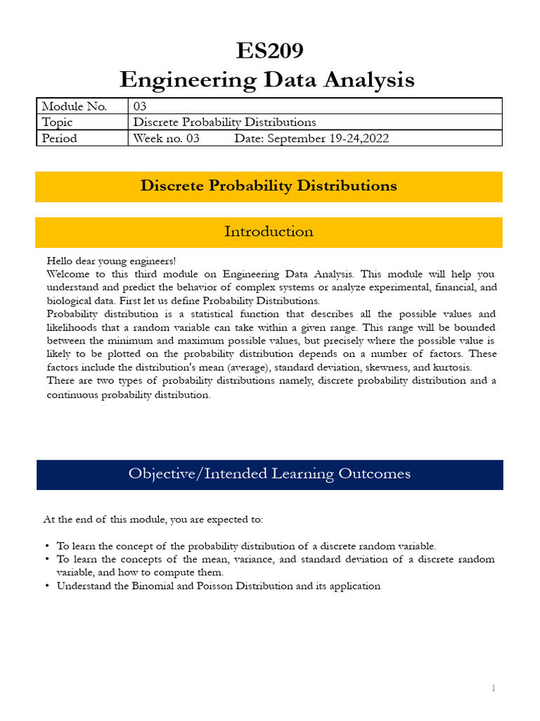 ES209 Module 3 - Discrete Probability Distribution | PDF | Probability Distribution | Random ...