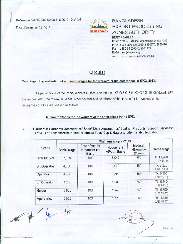 BEPZA Minimum Wages 2013 (English) | PDF