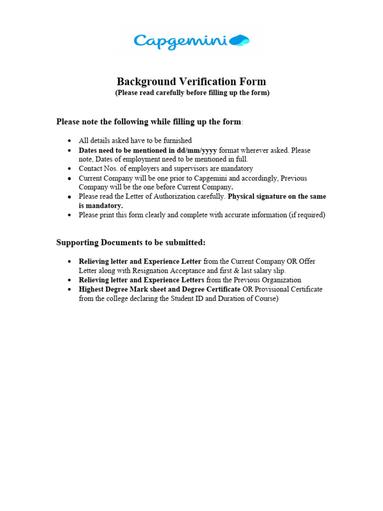 Background Verification Form | PDF | Labor