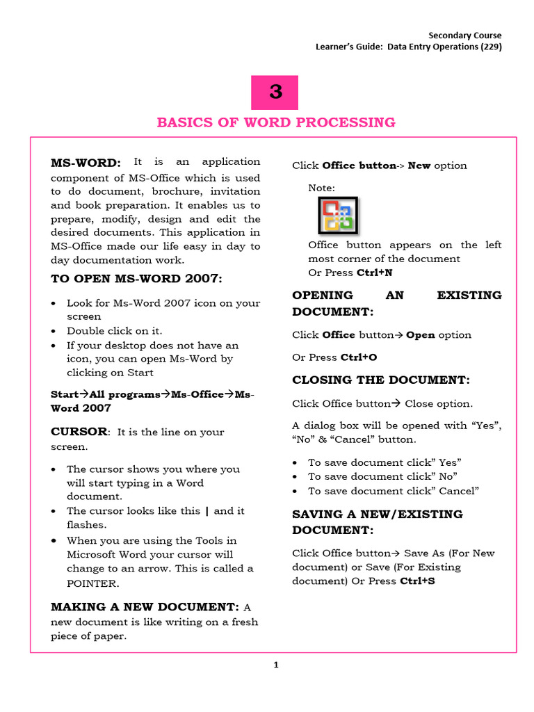 Lesson 3 - Learners Guide | PDF | Cursor (User Interface) | Microsoft Word