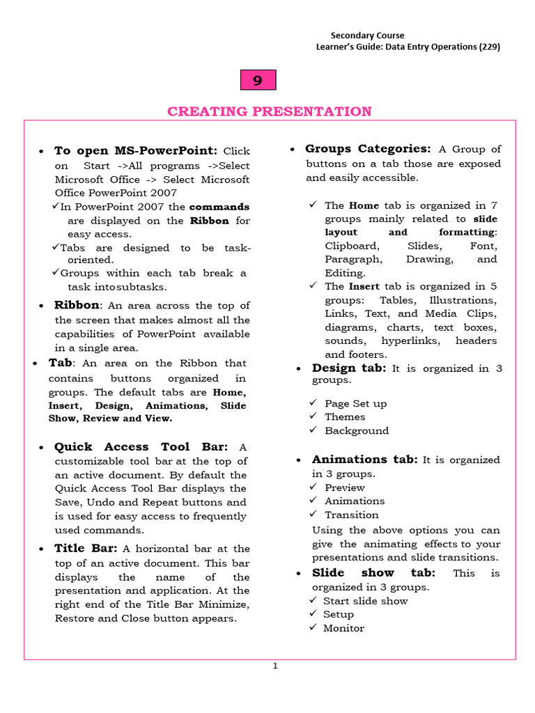 Lesson9 Learners Guide | PDF | Window (Computing) | Microsoft Power Point