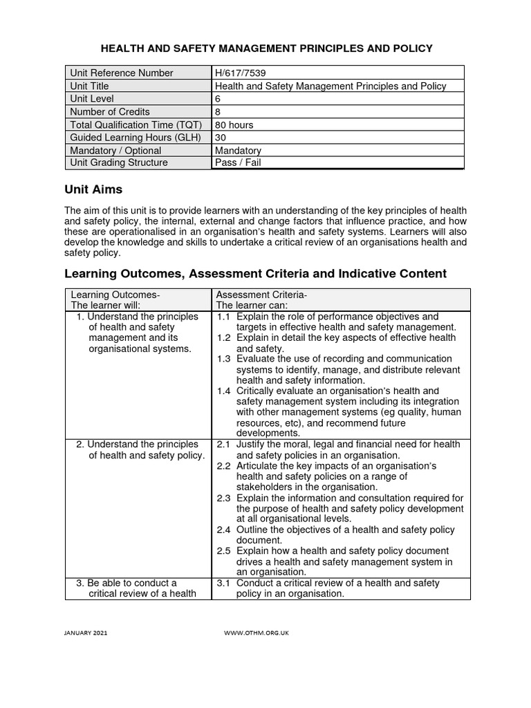 OTHM-HEALTH AND SAFETY MANAGEMENT PRINCIPLES AND POLICY - Unit 01 | PDF ...
