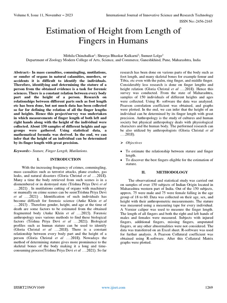 Estimation of Height From Length of Fingers in Humans | PDF | Hand ...