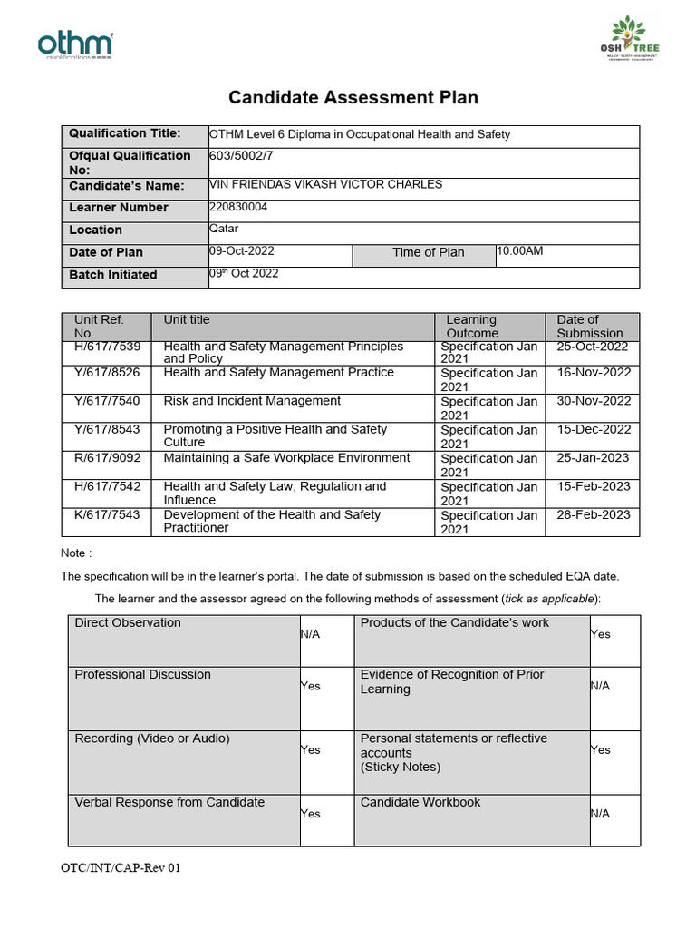 Candidate Assessment Plan - Vikash | PDF | Occupational Safety And ...