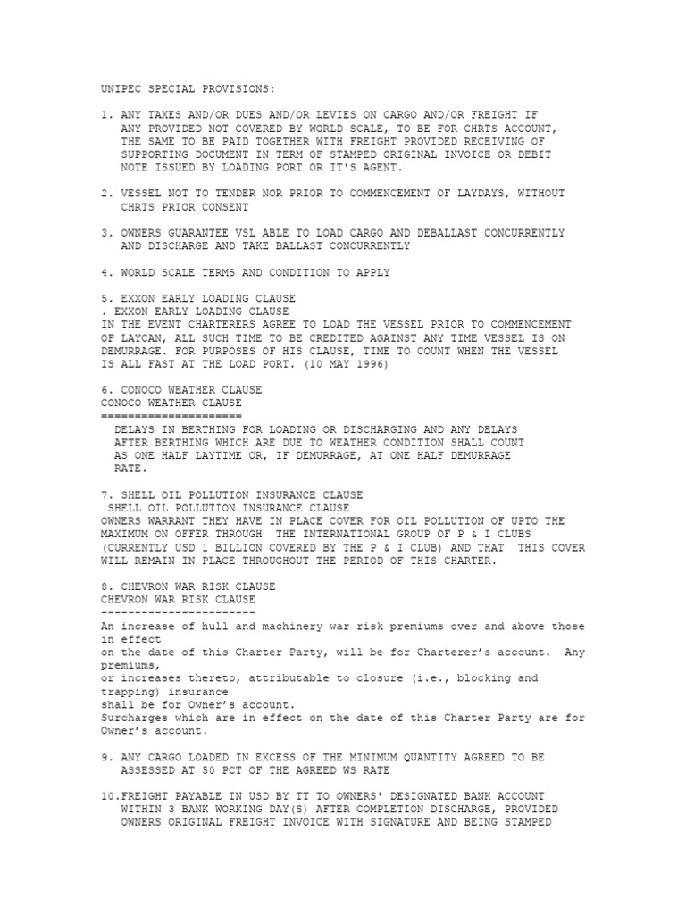 Unipec Special Provisions - With Full Clause | PDF | Freight Transport ...