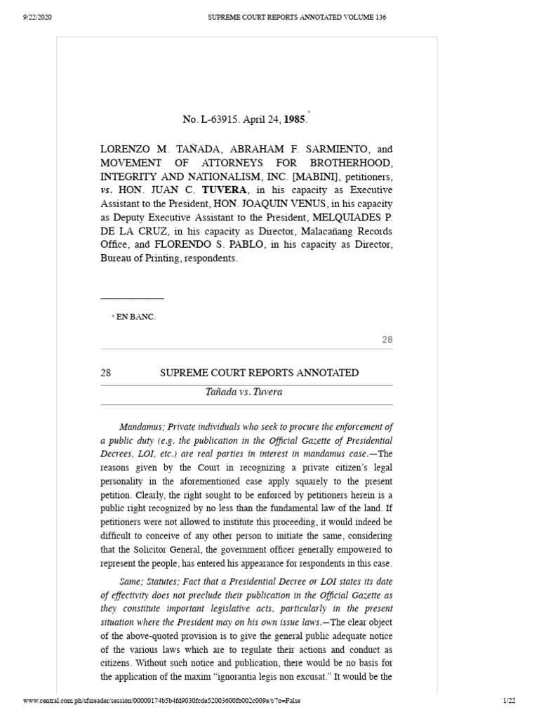 Tañada vs. Tuvera: Mandamus Case Summary | PDF | Mandamus | Justice