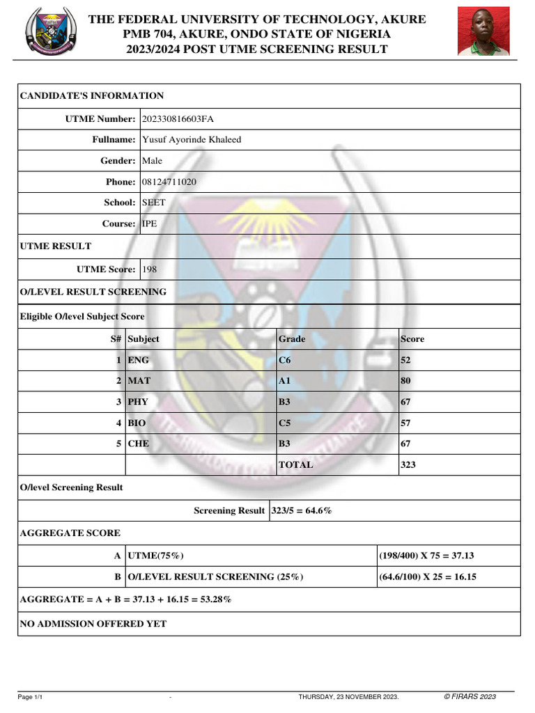 FUTA 2023/2024 Post UTME Result | PDF | Standardized Tests | Student ...
