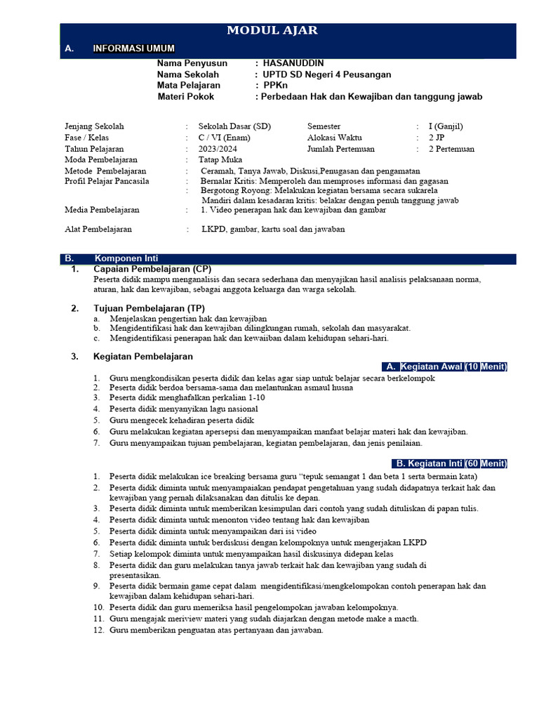 Modul Perbedaan Hak Kewajiban Dan Tanggung Jawab | PDF