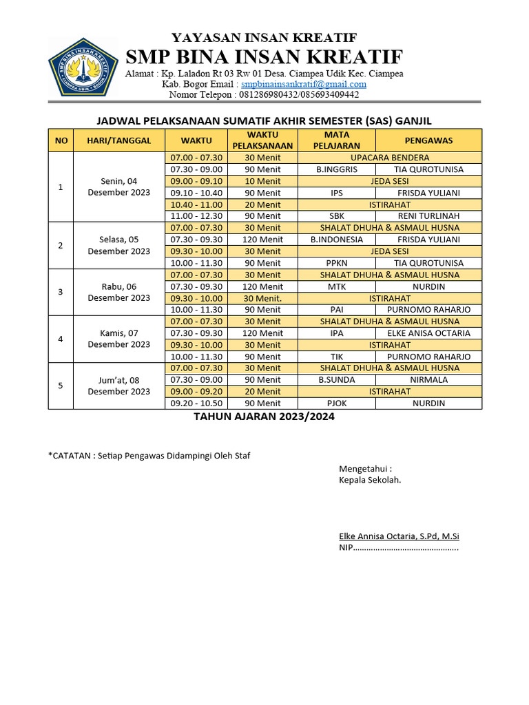 Jadwal SAS Ganjil Kelas 7 TA 2023 | PDF