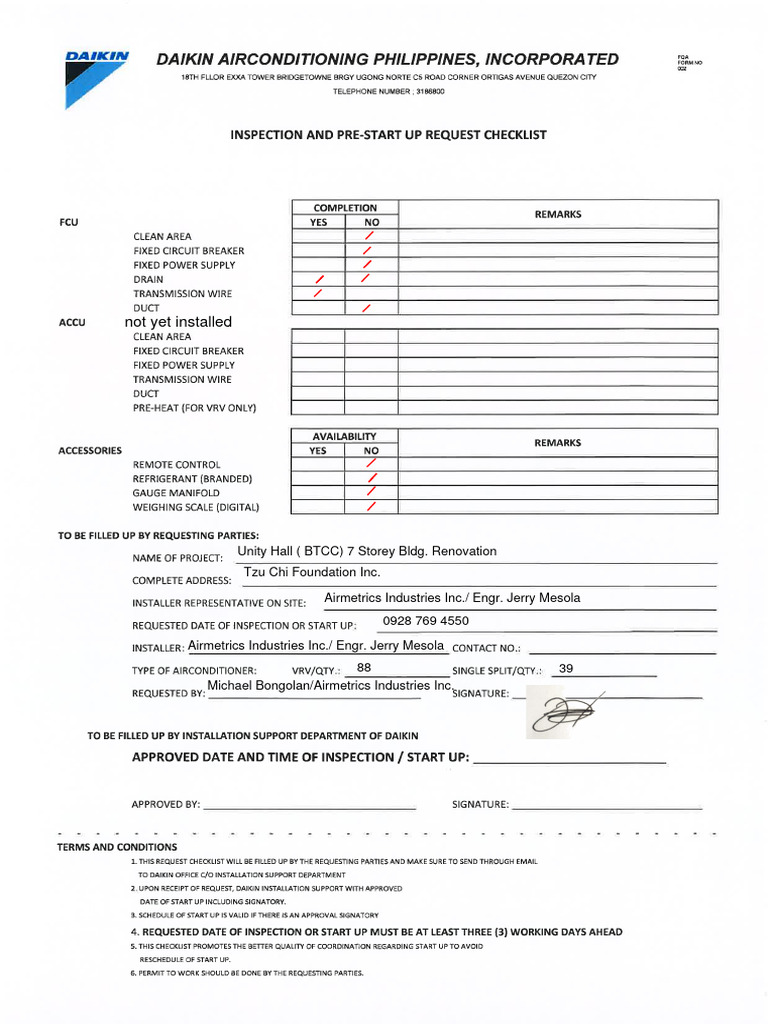 Forms - Inspection and Pre-Start-up Request Checklist - 1 | PDF