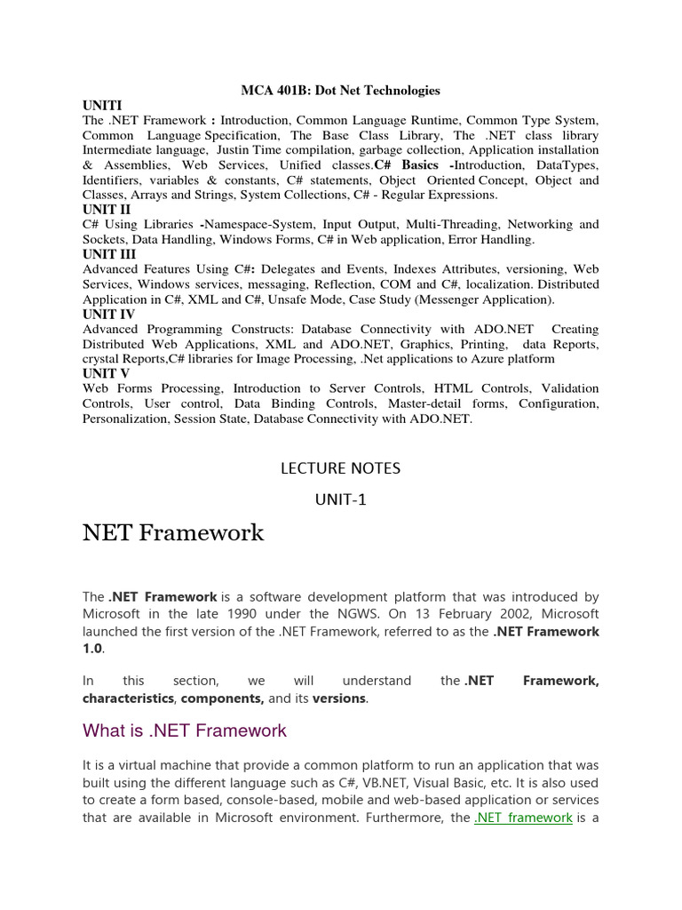 401b-Dot Net Technologies | PDF | C Sharp (Programming Language) | .Net Framework