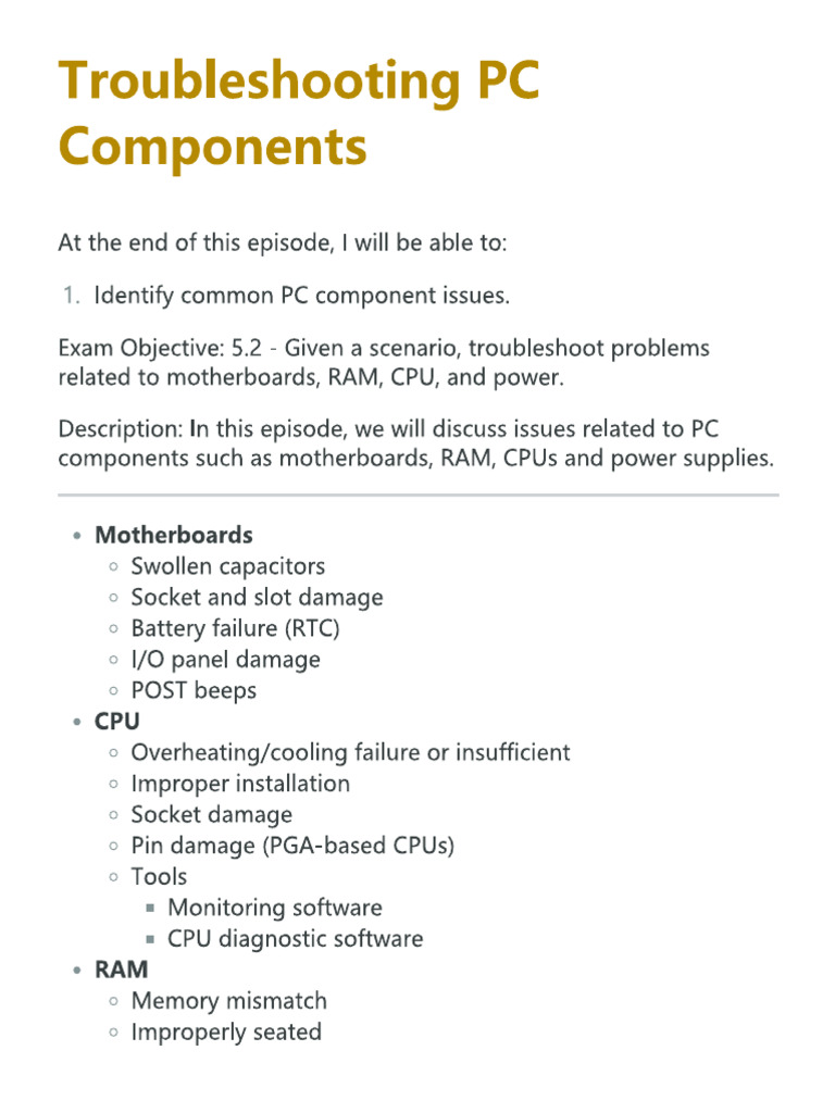 Comptia Aplus2201101 5 2 1 Troubleshooting PC Components | PDF
