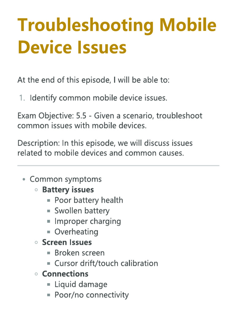 Comptia Aplus2201101 5 7 1 Troubleshooting Mobile Devices | PDF