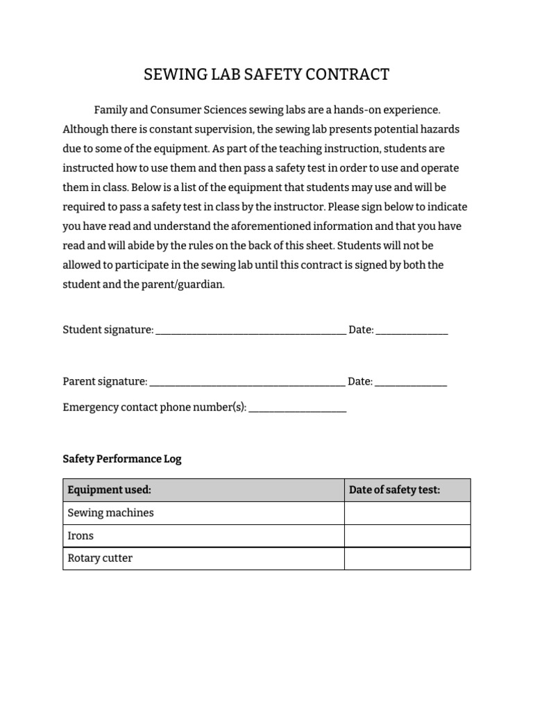 Sewing Lab Safety Contract | PDF | Sewing | Textiles
