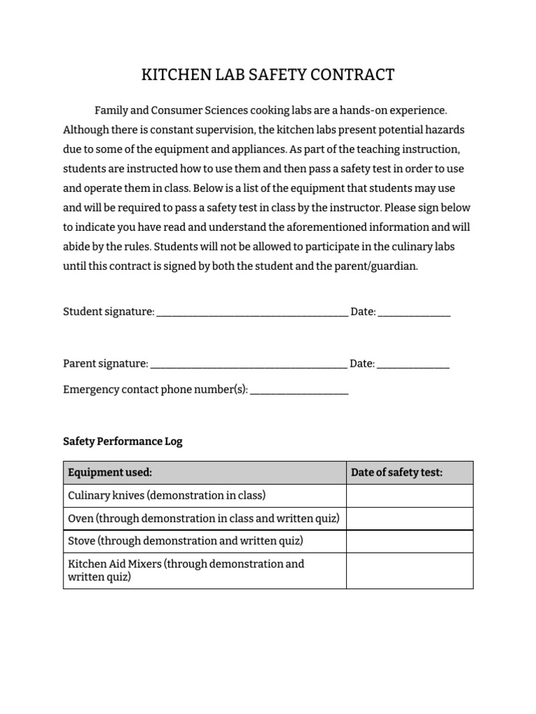 Food Lab Safety Contract | PDF | Kitchen | Waste