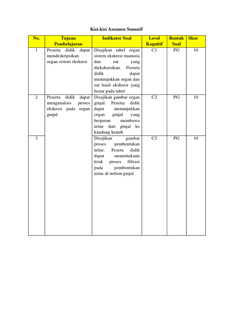 Kisi-Kisi Asesmen Sumatif Sistem Ekskresi | PDF
