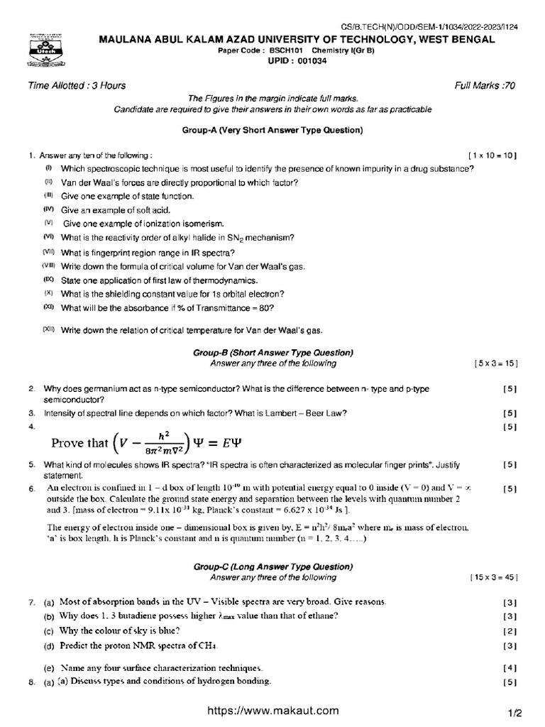 Btech 1 Sem Chemistry 1 Bsch101 2023 | PDF Btech 1 Sem Chemistry 1 Bsch101 2023 | PDF