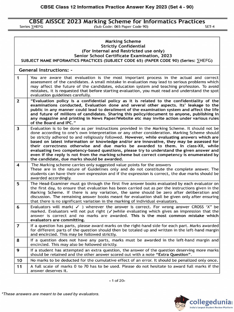 CBSE Class 12 Informatics Practice Answer Key 2023 Set 4 90 | PDF