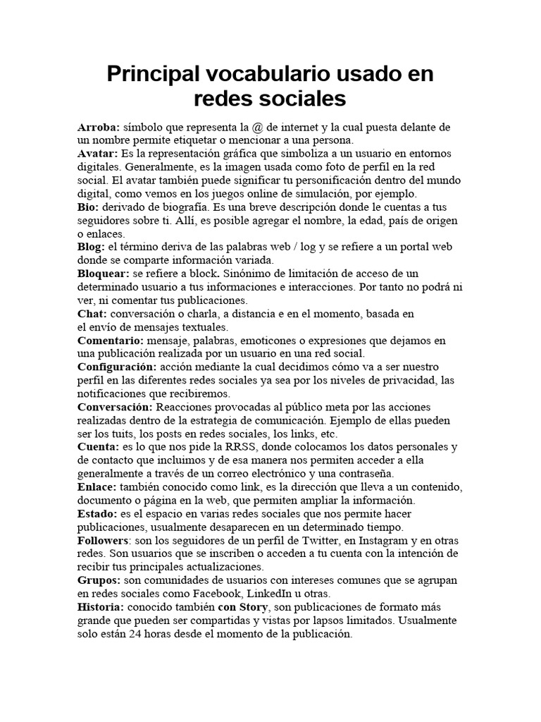 Principal Vocabulario Usado en Redes Sociales | PDF | Servicio de redes ...
