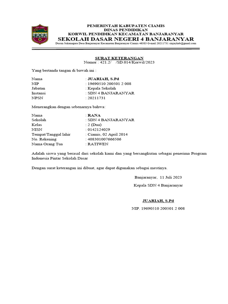 Surat Keterangan - Pip 2023 | PDF