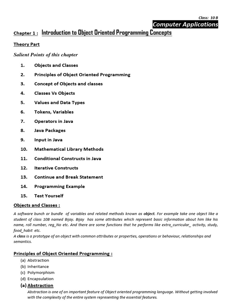 Introduction To Object Oriented Programming Concepts: Computer Applications | PDF | Class ...
