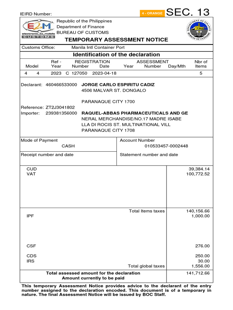 Customs Assessment Notice | PDF