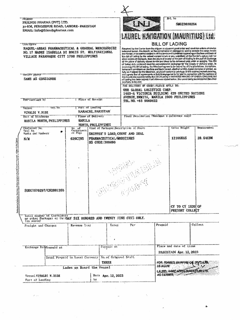 Sample Bill of Lading | PDF
