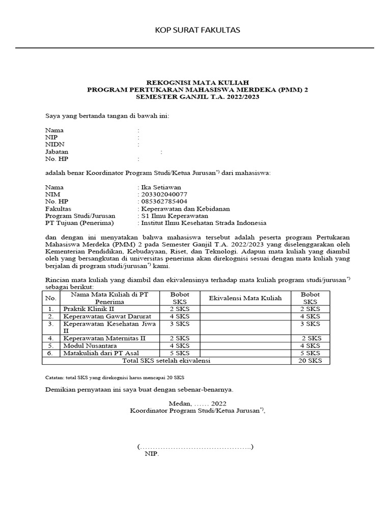 Format Surat Rekognisi PMM 2 Untuk Fakultas | PDF